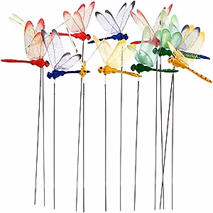 Warmshine 24 Pieces 3D Dragonfly Garden Decor Dragon Fly Garden Stakes Dragonflies Garden Ornaments Patio Decoration Dragonfly Stakes with Sticks, 4 Colors