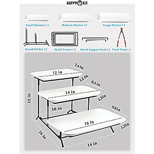 HAPPY KIT 3 Tier Serving Tray with Tong, Ceramic Rectangular Serving Platters for Cupcake Stand Display, 16/14/12inch Tiered Serving Tray with Collapsible Sturdy Metal Rack for Dessert Server Display