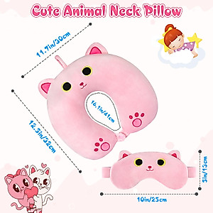Prewplam Travel Neck Pillow for Kids, Cute Cat Pillow with Eye Mask for Sleeping Journey, U-Shaped Neck Pillow for Traveling,Rest Neck Support for Long Flights Cars,Birthday Gifts(Pinks)