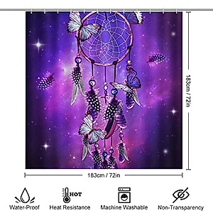 EEncantoo 4 Piece Dreamcatcher Butterflies Purple Art Shaggy Rugs + Contour Mat & Lid Cover Rubber Backing + Quick Dry Shower Stall Curtain for Dorm Room, Tub and Shower