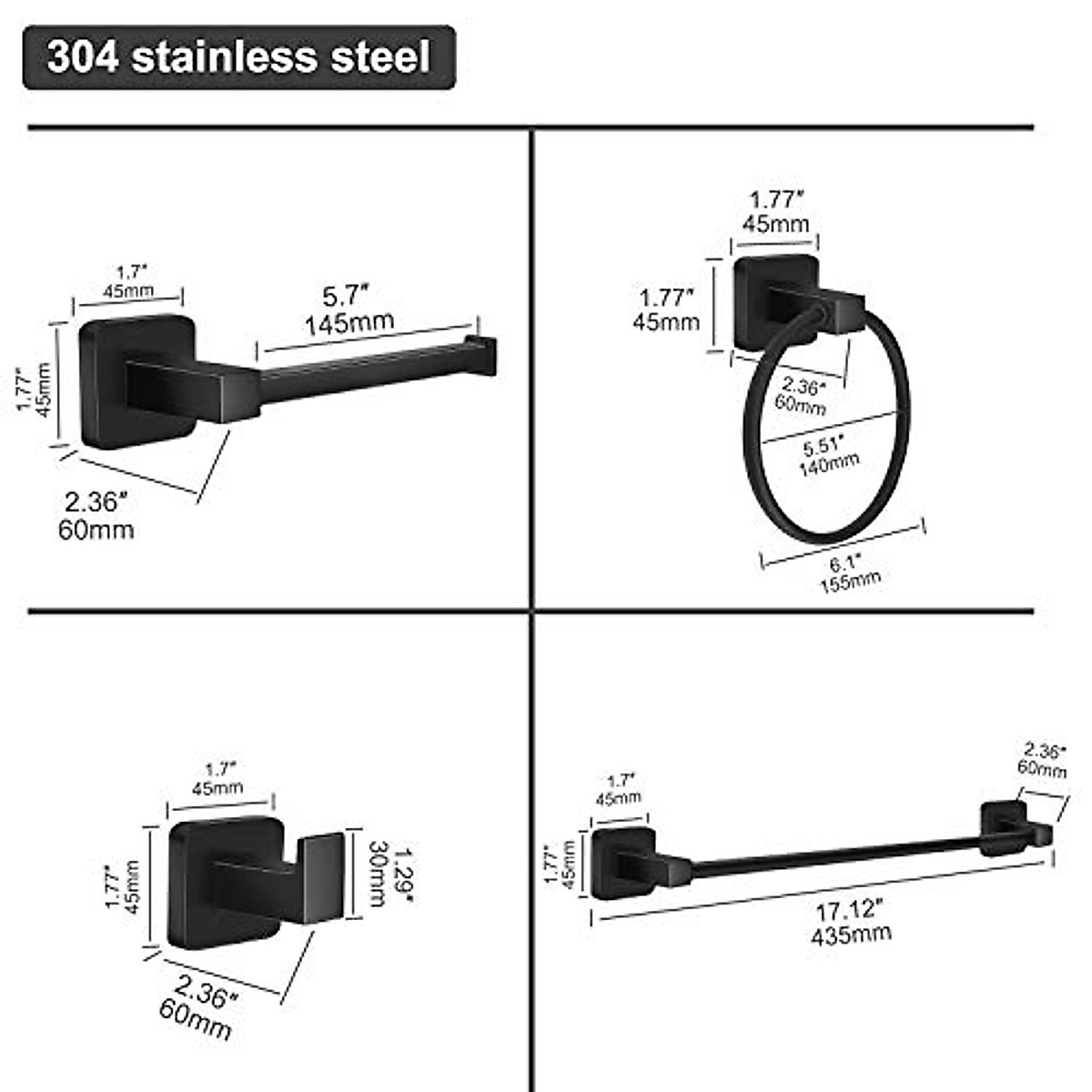 Matte Black Bathroom Hardware Set 4 Pieces,Towel Bar Set Includes 17In Hand Towel Bar, Towel Ring, Robe Towel Hooks,Toilet Paper Holder, Bathroom Towel Rack Set