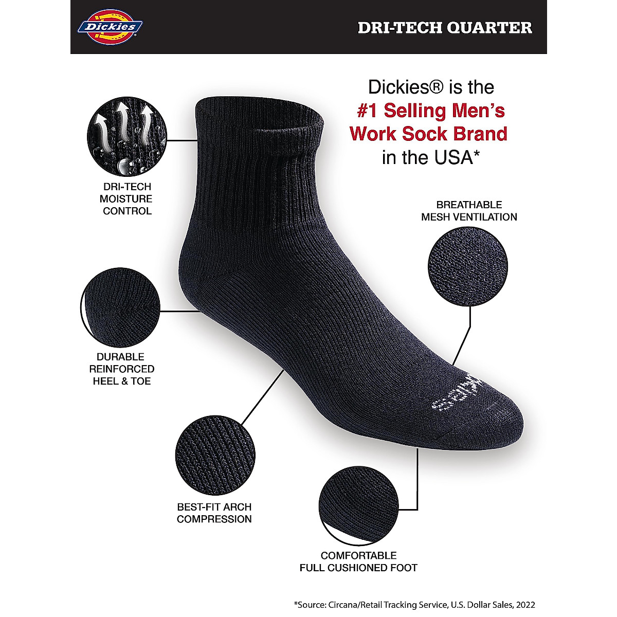 Dickies Men's Dri-Tech Moisture Control Quarter Socks (6, 18, Solid Black (12 Pairs), Large
