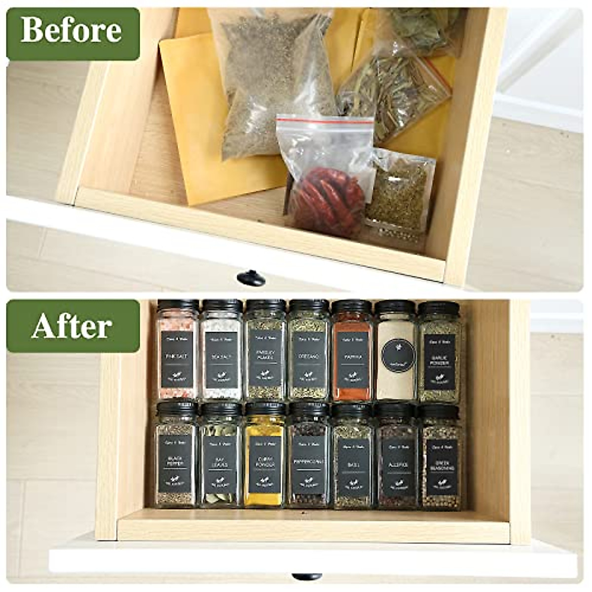 CUCUMI 18pcs Spice Jars with Labels, 4oz Empty Square Spice Bottles with Shaker Lids, Black Airtight Metal Caps, Collapsible Funnel, Chalk Pen, Seasoning Containers for Spice Rack, Drawer, Cabinet