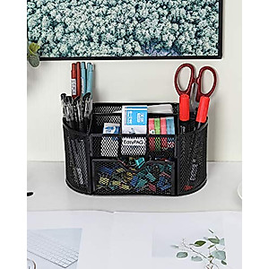 EasyPAG Desk Organizer Mesh Desktop Office Supplies Multi-functional Caddy Pen Holder Stationery with 8 Compartments and 1 Drawer,Black