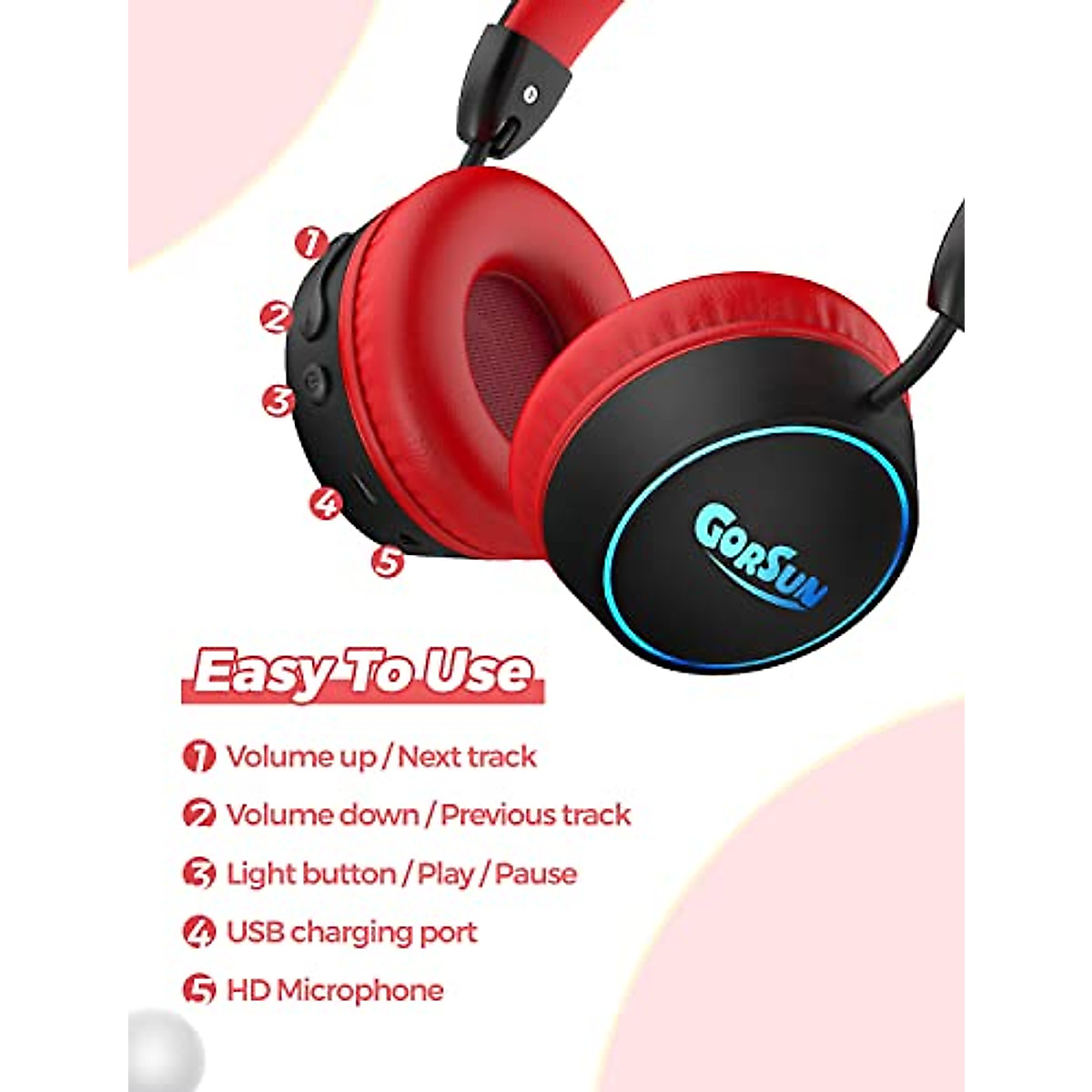 gorsun E95A Kids Headphones Wireless with Mic, Bluetooth 5.1, LED Lights Kids Bluetooth Headphones, 85dB Volume Limited Toddler Headphones, Stereo Headsets for School Tablet PC, Red