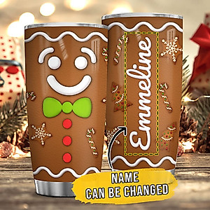 Wassmin Personalized Christmas Tumbler Cup With Lid 20oz 30oz Gingerbread Stainless Steel Double Wall Vacuum Insulated Tumblers Coffee Travel Mug Xmas Holiday Gifts For Men Women Kids Custom Name