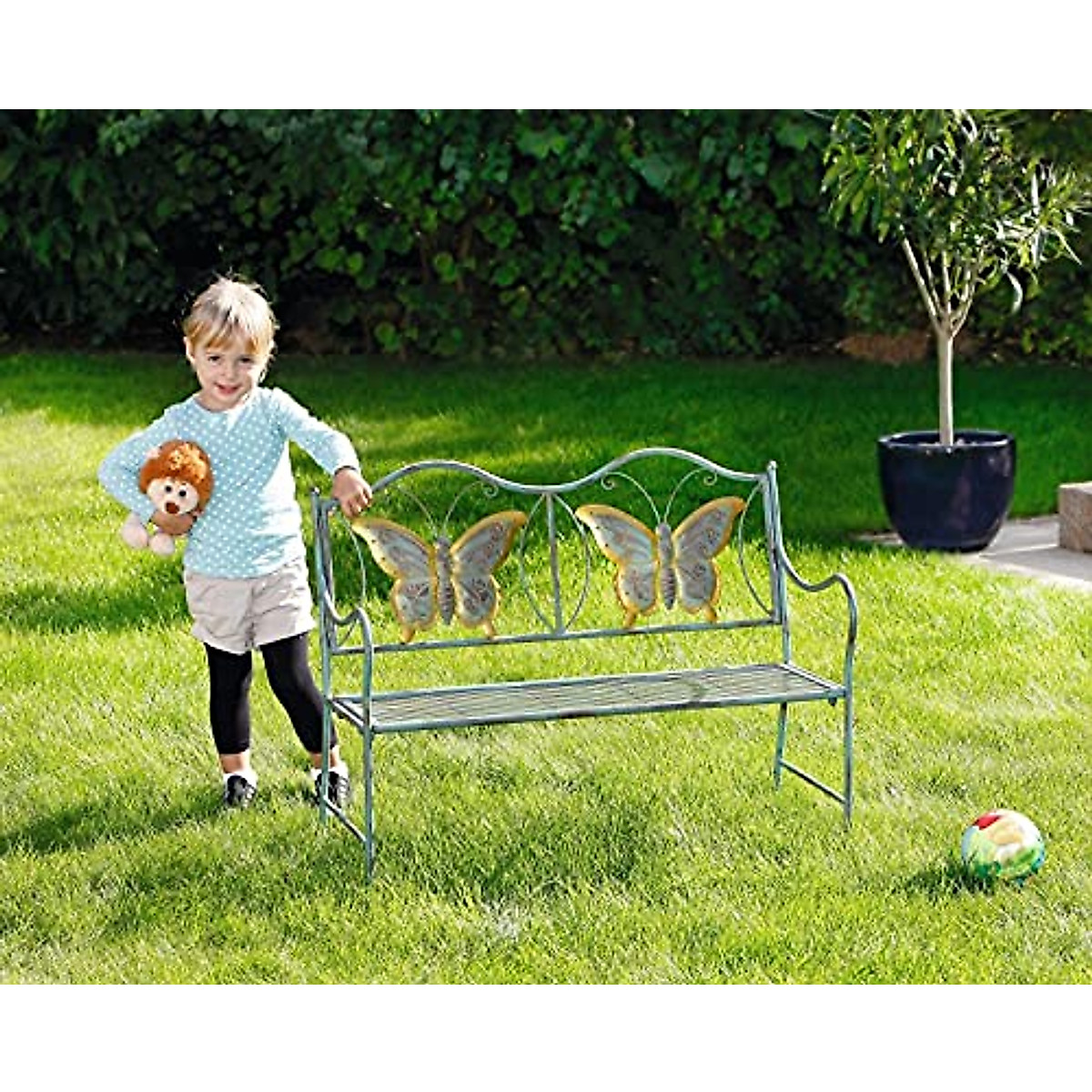 Westcharm Children's Metal Butterfly Bench | Plant Stand | Garden Décor for Outdoor Yard Garden - Decorative Kids Park Bench with Butterflies (32" L x 15" D x 26.5" H)
