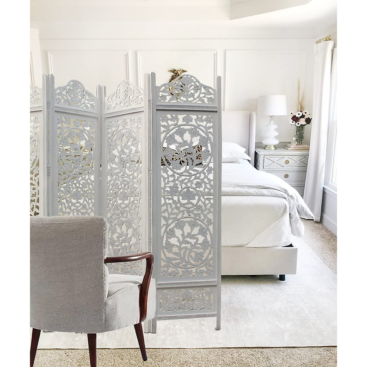 COTTON CRAFT Room Divider Wood Floor Screen - Kamal Antique White 4 Folding Panel 72x80 - Portable Reversible Functional Decorative Partition - Reversible Boho Freestanding Small Spaces Privacy