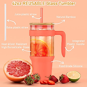 Tronco 40 oz Glass Tumbler with Handle, Reusable Glass Tumbler with Straw and Lid, Iced Coffee Cup with Bamboo Lid, Glass Water Bottles Fit in Cup Holder, Smoothie Cup