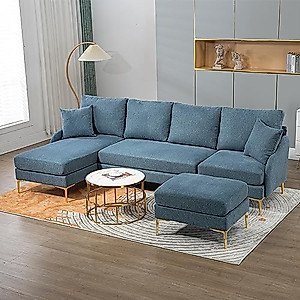 FANYE 110'' Modern Reversible Chaise Sectional U-Shaped Convertible, 4-Seat Polyester Blend Upholstered Sofa & Couch with 2 Pillows and Metal Legs for Home Apartment Office Living Room, Green, Blue