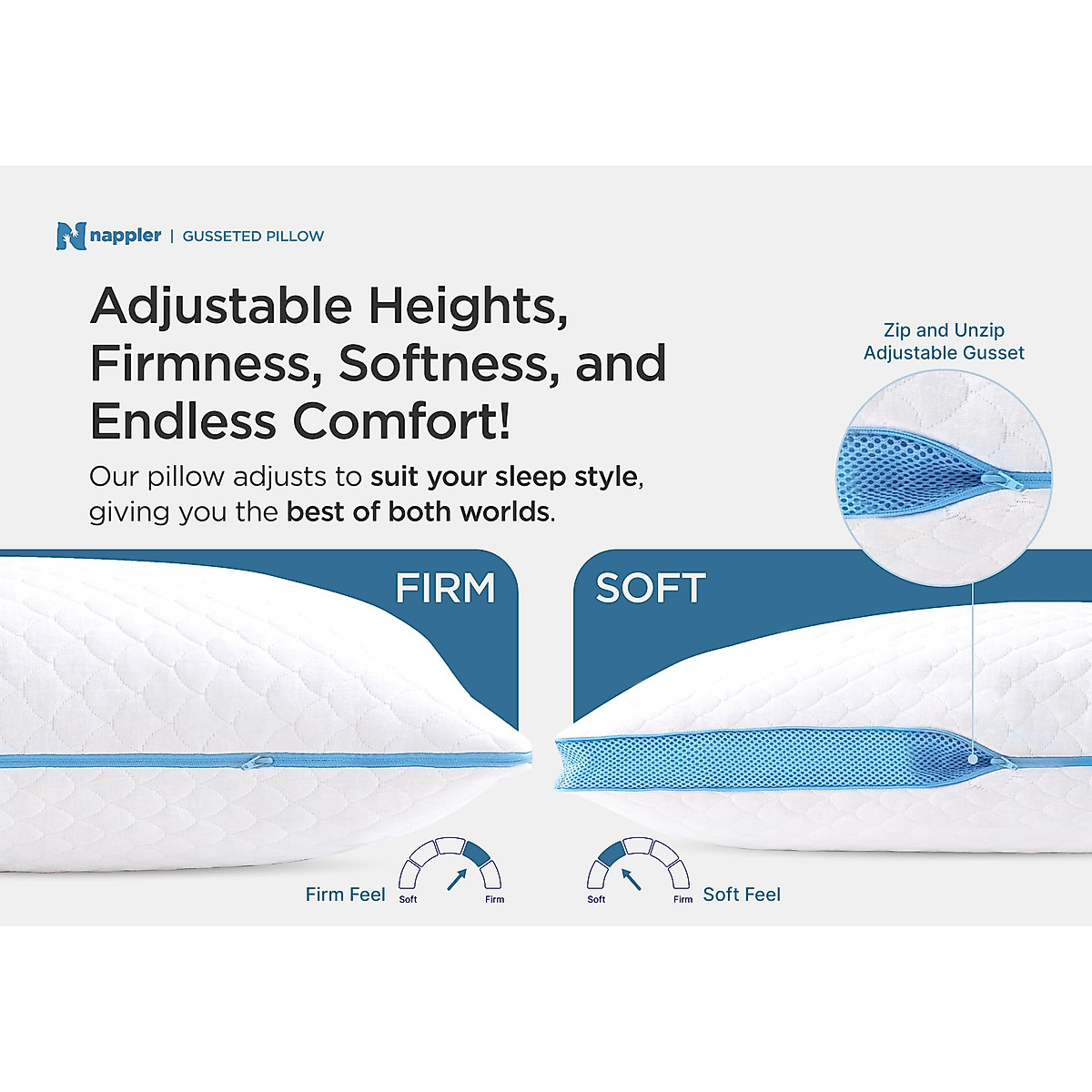 Nappler Side and Back Sleeper Pillow for Neck and Shoulder Pain Relief - Shredded Memory Foam Bed Pillow for Sleeping - 100% Adjustable Fill - Queen Size - Modal Washable Case. Extra Fill Included