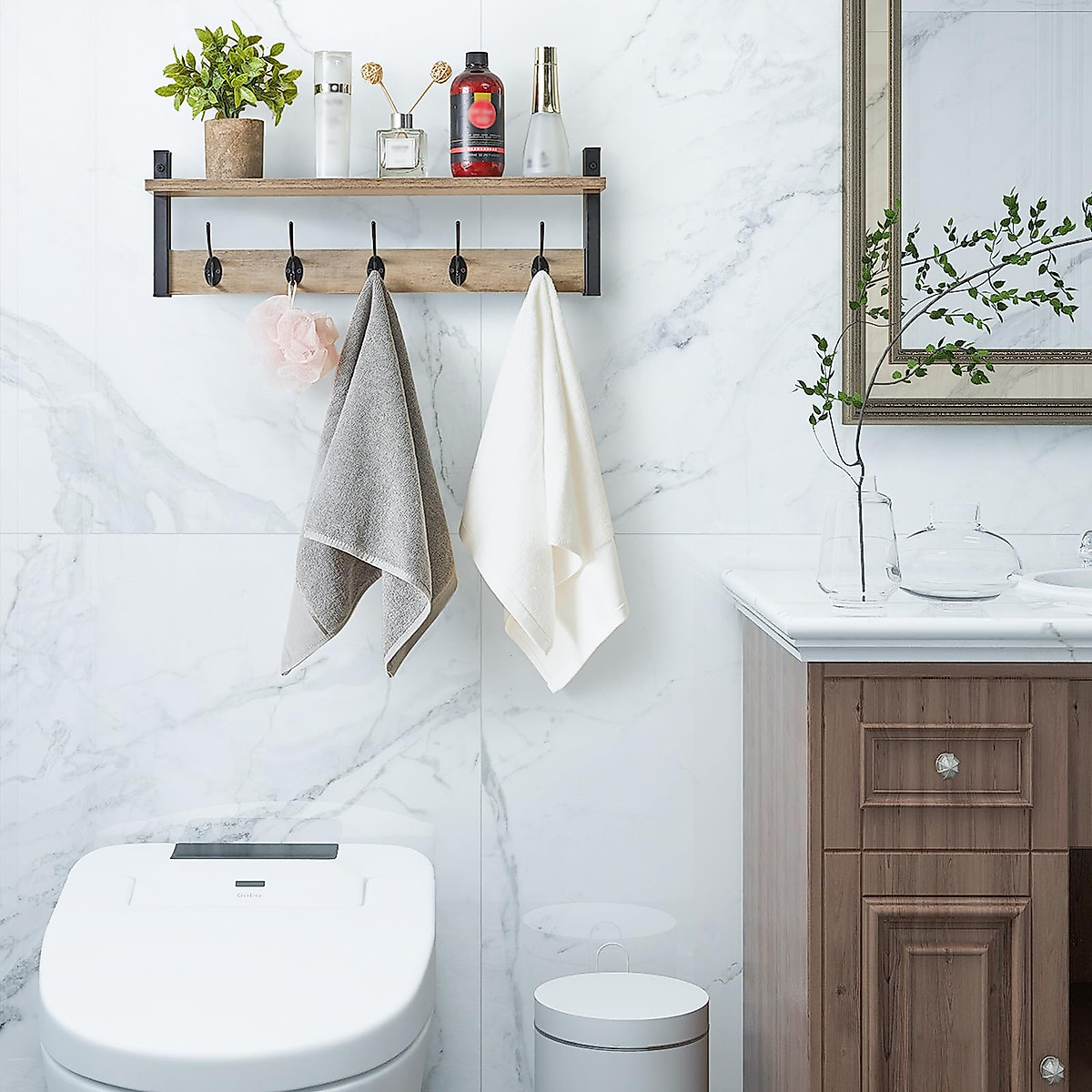 YMYNY Coat Rack Shelf Wall Mounted, Coat Hooks with Storage, Wall Floating Shelf with 5 Metal Hooks, 23.6" Entryway Floating Shelf for Kitchen, Bedroom, Bathroom, Silver Gray UHWS004Y