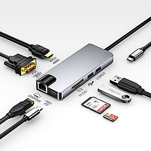 Port Expander 8-in-1 USB C Adapter for USB C Laptop USB C Hub to 4K HDMI, VGA, 2 USB 3.0 Ports, PD Charger, SD/TF Card Reader, Ethernet USB Splitter