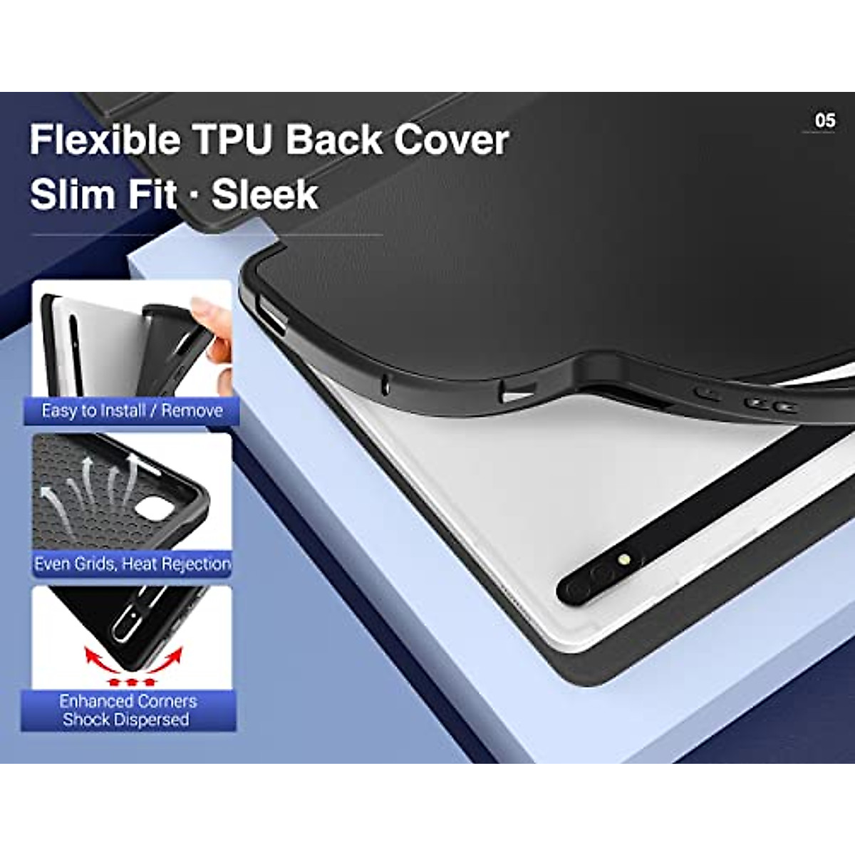 MoKo Case Fits Samsung Galaxy Tab S8 Plus 12.4 Inch 2022 (SM-X800/SM-X806) /S7 FE 2021/S7 Plus 2020, Shockproof Full Body Trifold Stand TPU Back Cover Case with Pen Holder Slot/Auto-Wake, Black