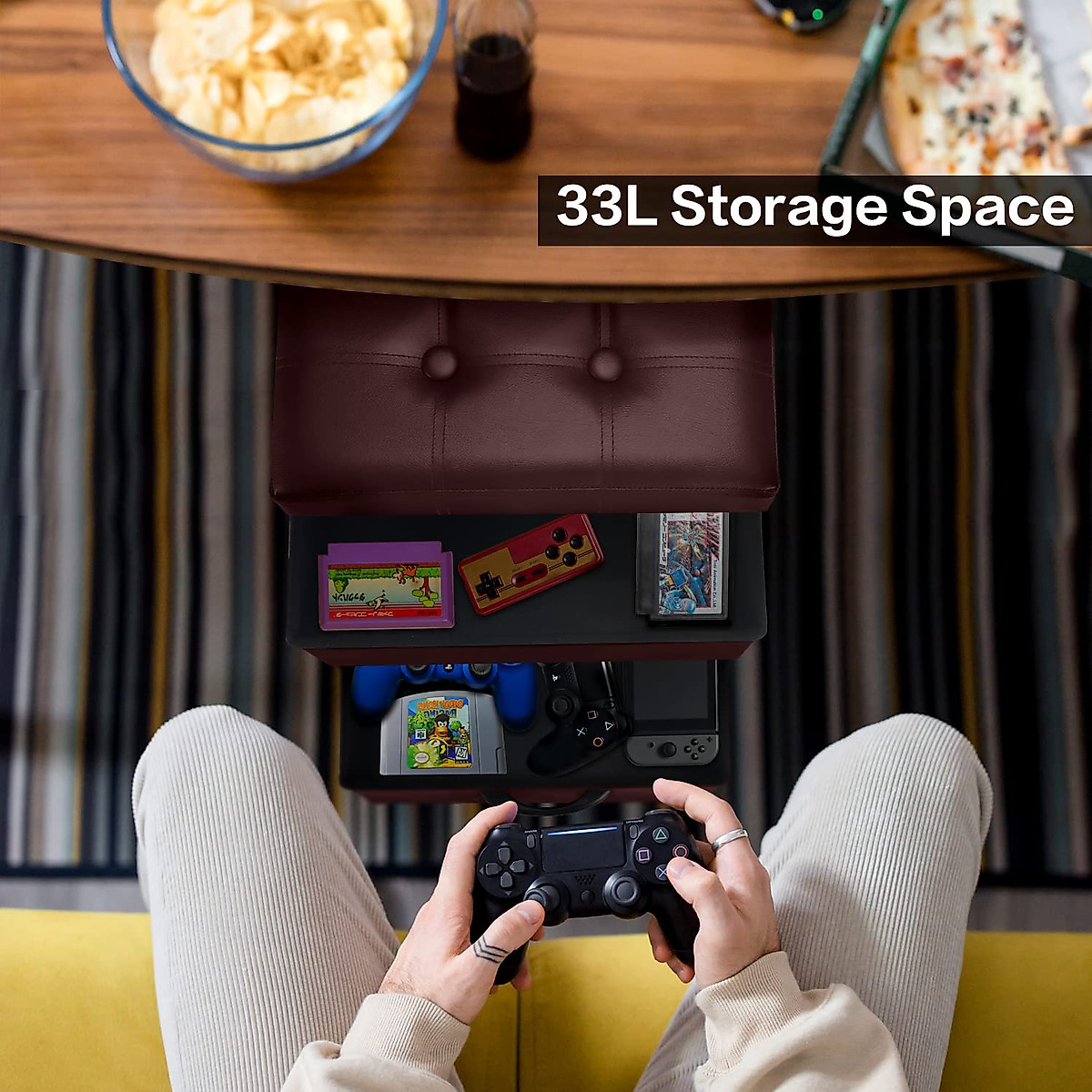 AmasSmile® Storage Ottoman Foot Rest Stool, 16 inch Leather Folding Footstool Bench, Short Ottoman Bench, Storage Foot Rest Store, Books, Records Support 220 lbs, Brown