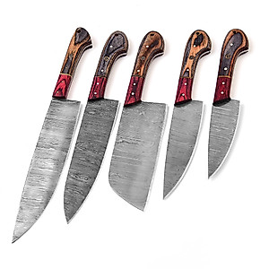 LEONA CRAFT® Custom Handmade Damascus Steel Chef Set Kitchen Knives with Leather Pouch 5 PCS Poplar Home Professional Knife Without Block Cool Blade Wood Handle Utensils Tops Tools Paring Knifes (010)