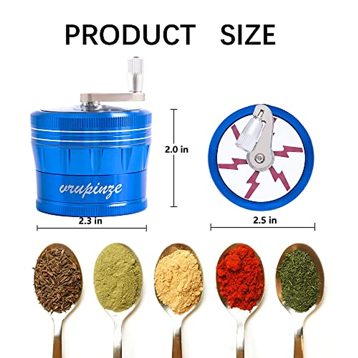 VRUPINZE Grinder with Handle - 2.5 inch Hand Cranked large grinder, Blue