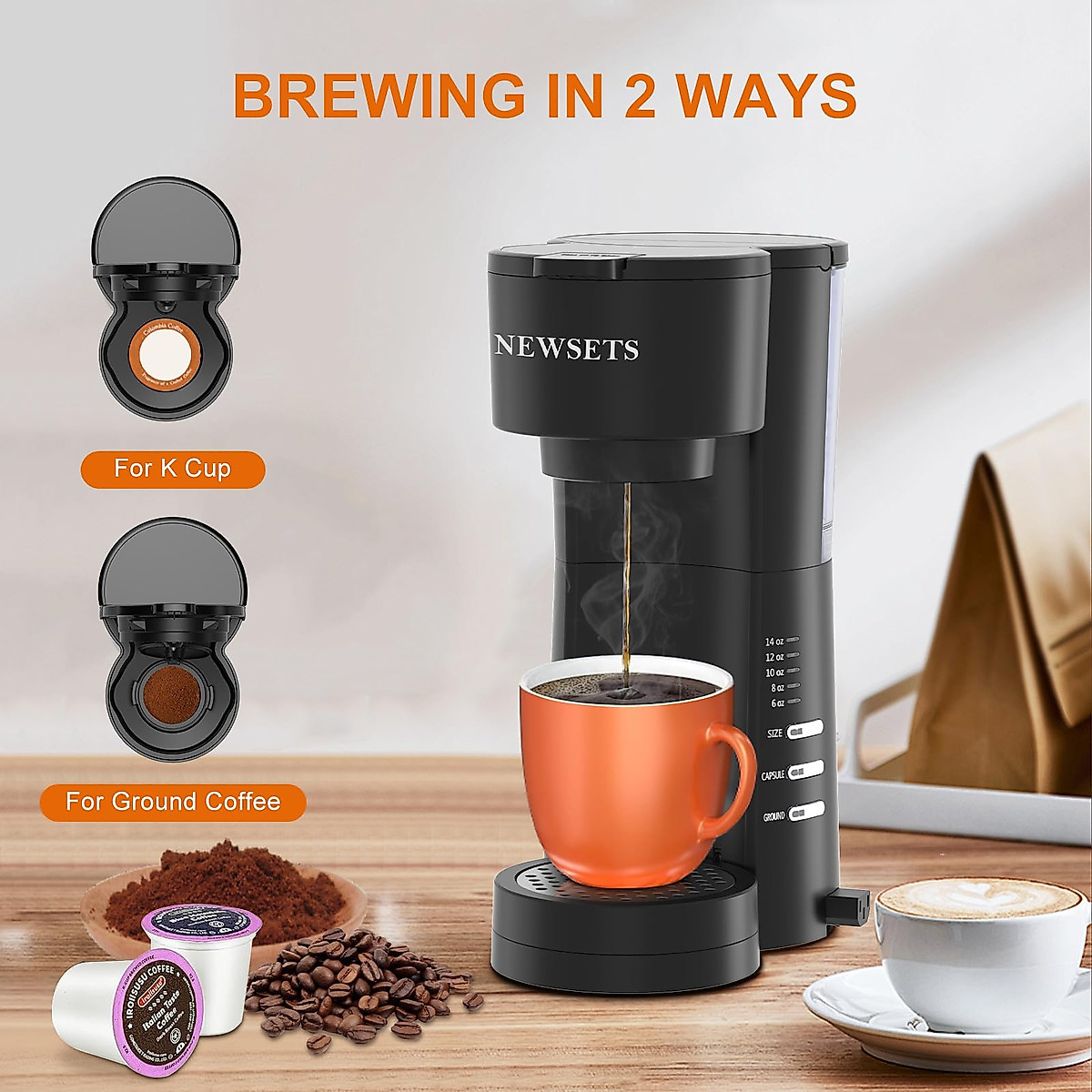 NEWSETS Single Serve Coffee Maker for K Cups and Ground Coffee, 4 in 1 Coffee Machine with Grinder and Milk Frother, 6 to 14oz Brew Sizes, 28oz Removable Water Reservoir, Self-cleaning Function, Black