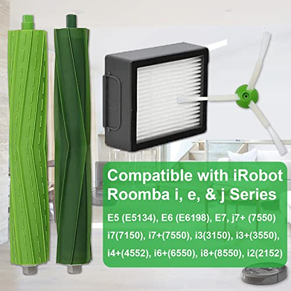 Vacuum Replacement Parts Compatible With iRrobot Roomba E, I, & J Series Replenishment Kit, 1 Set Of Rubber Brush & 3 HEPA Filters & 3 Edge-Sweeping Side Brushes