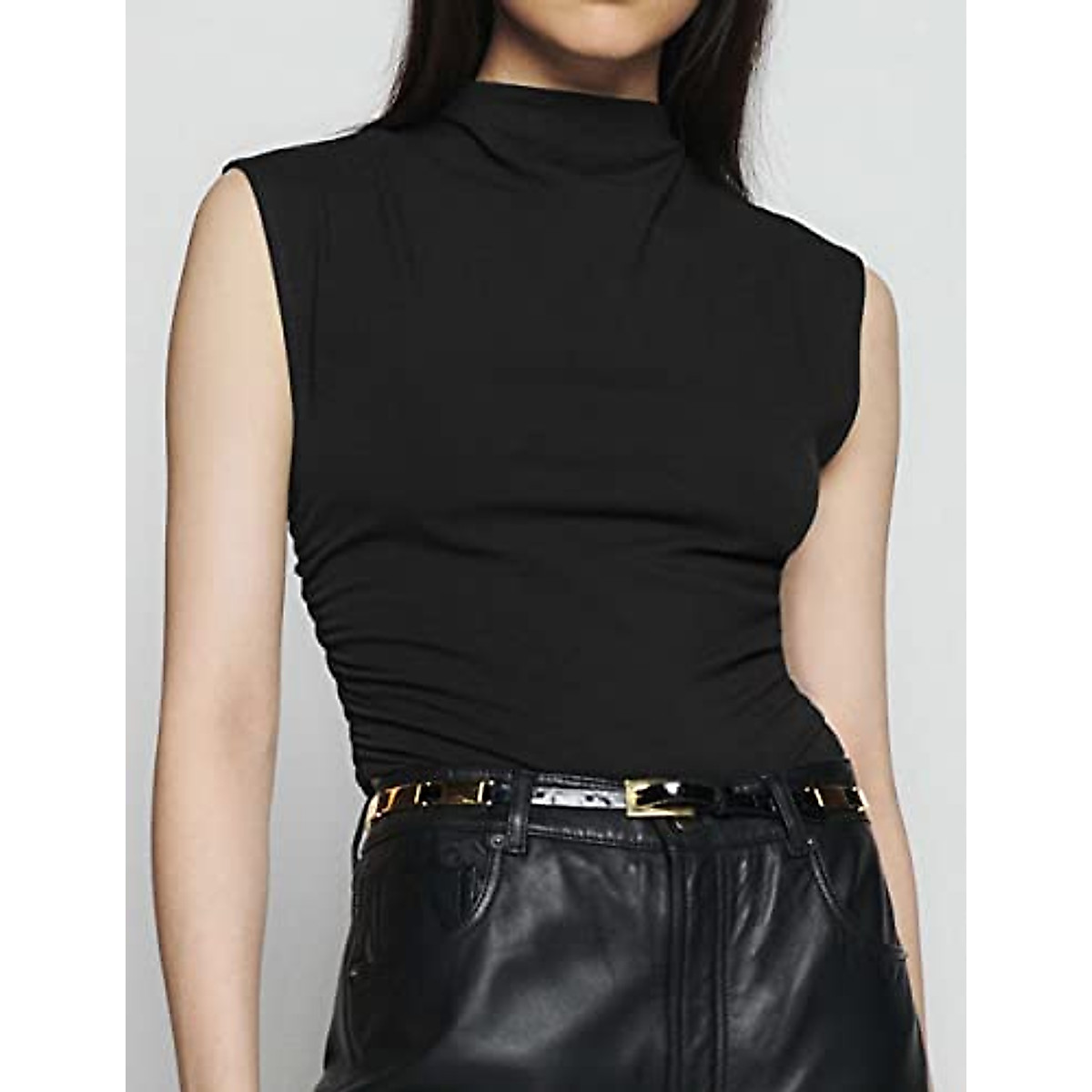 Lauweion Women Sleeveless Turtlenecks Crop Tops Ruched Slim Fit Solid Basic Casual Mock Neck Crop Tank Top Black