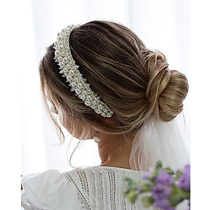 WOVOWOVO Women's Pearl Bridal Headband with Rhinestones - Elegant Hair Hoop and Hairbands Accessories for Wedding and Brides