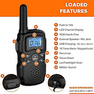 Wishouse Walkie Talkies for Adults,Radios Walkie Talkies Rechargeable Long Range 4 Pack,Family Camping Gear for Kids Hiking Accessories with Flashlight,VOX, Easy to Use (Black with Battery Charger)