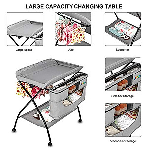JOYMOR Portable Diaper Changing Station,Folding Baby Changing Table for Infant, Moblie Diaper Changing Table with Wheels, Large Storage Basket ＆ Shelf Portable Nursery Organizer (Grey)