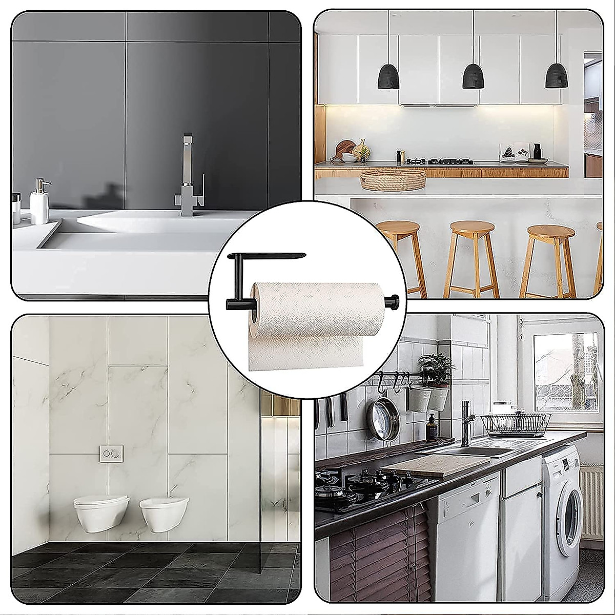 Paper Towel Holder,Paper Towel Holder Under Cabinet Self Adhesive Kitchen Countertop Wall Mount Paper Towel Holders with Screws for Rough Surface,Vertically or Horizontally Black