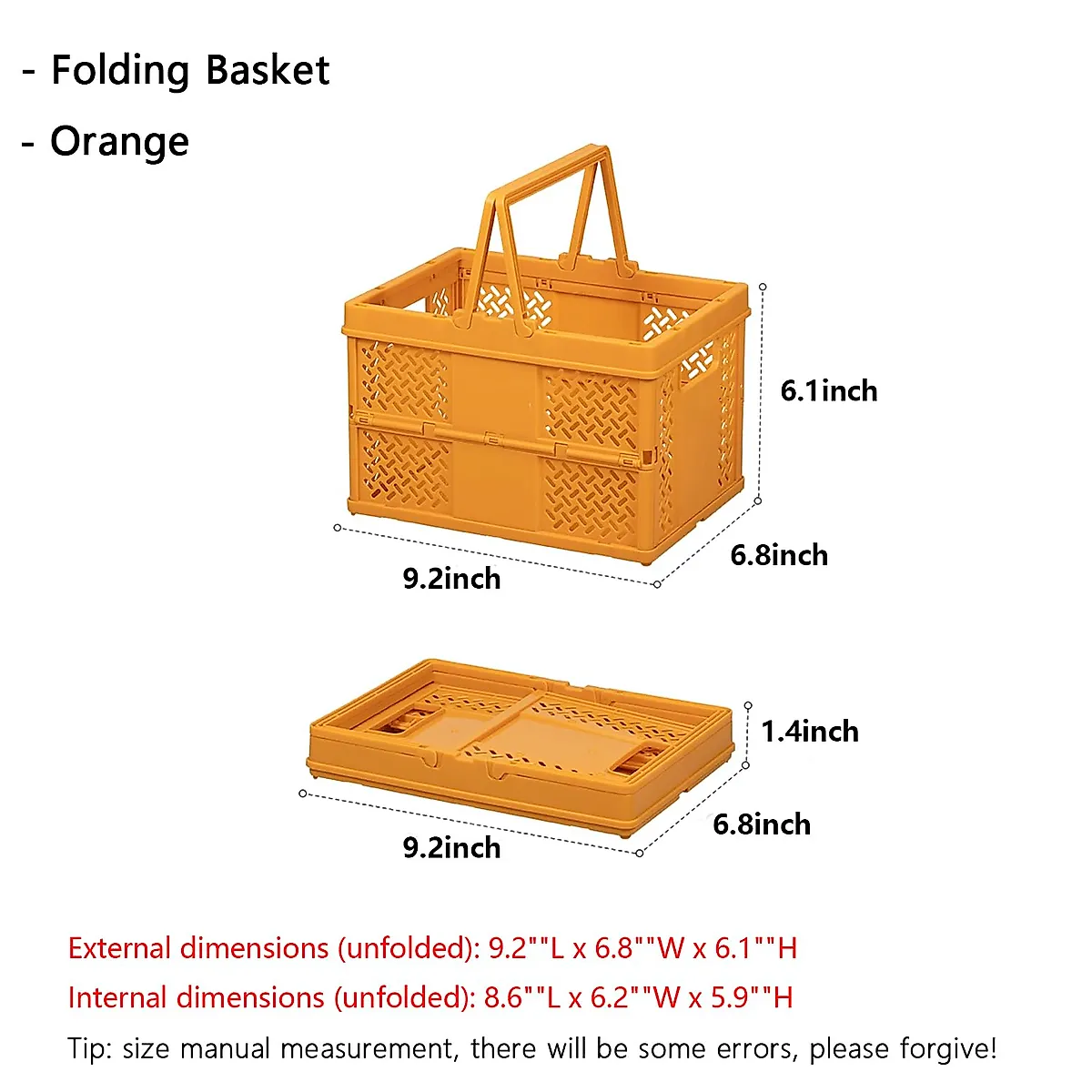 Xhwykzz Plastic Basket with Handle, Folding Pastel Crates for storage, Storage Basket for kitchen living-room Desktop Shelf Organing (Orange) 9.2""L x 6.8""W x 6.1""