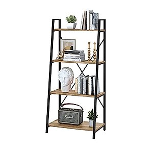 BON AUGURE Industrial Ladder Shelf Bookcase, 4 Tier Rustic Ladder Bookshelf, Standing Leaning Book Shelves for Living Room (Vintage Oak)…