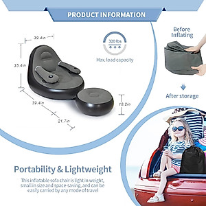 Blow Up Couch,Inflatable Chair,Inflatable Couch with Armrest,Foot Stool＆Cup Holder, Portable Lazy Sofa,Inflatable Lounger with Comfy Flocked Surface for Rooms,Party,Camping,Garden,Tavel (Grey)