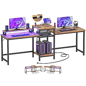 Unikito Double Computer Desk with LED Strip and Power Outlet, 2 Person Desk with Monitor Stand and Storage, Ergonomic Computer Desk with Printer Stand for Home Office, Long Gaming desk, Rustic Brown