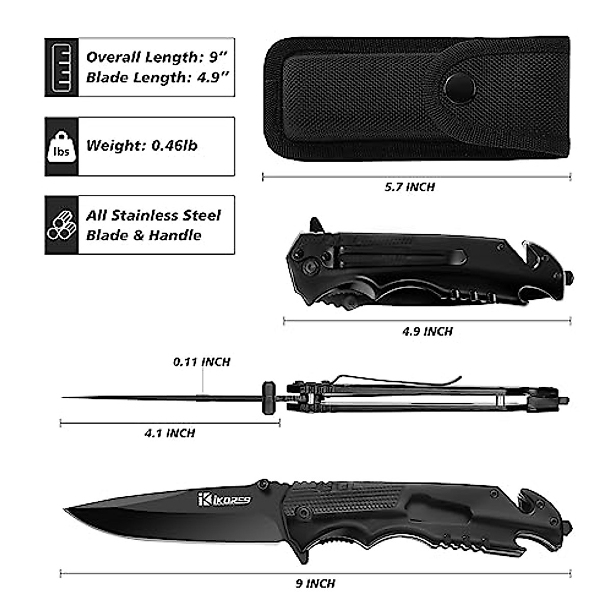 IKORES Pocket Knife for Men, 4 inch Multitool Folding Knife with Nylon Sheath and Pocket Clip, Bottle Opener, Glass Breaker, Seatbelt Cutter and Wrench, Black