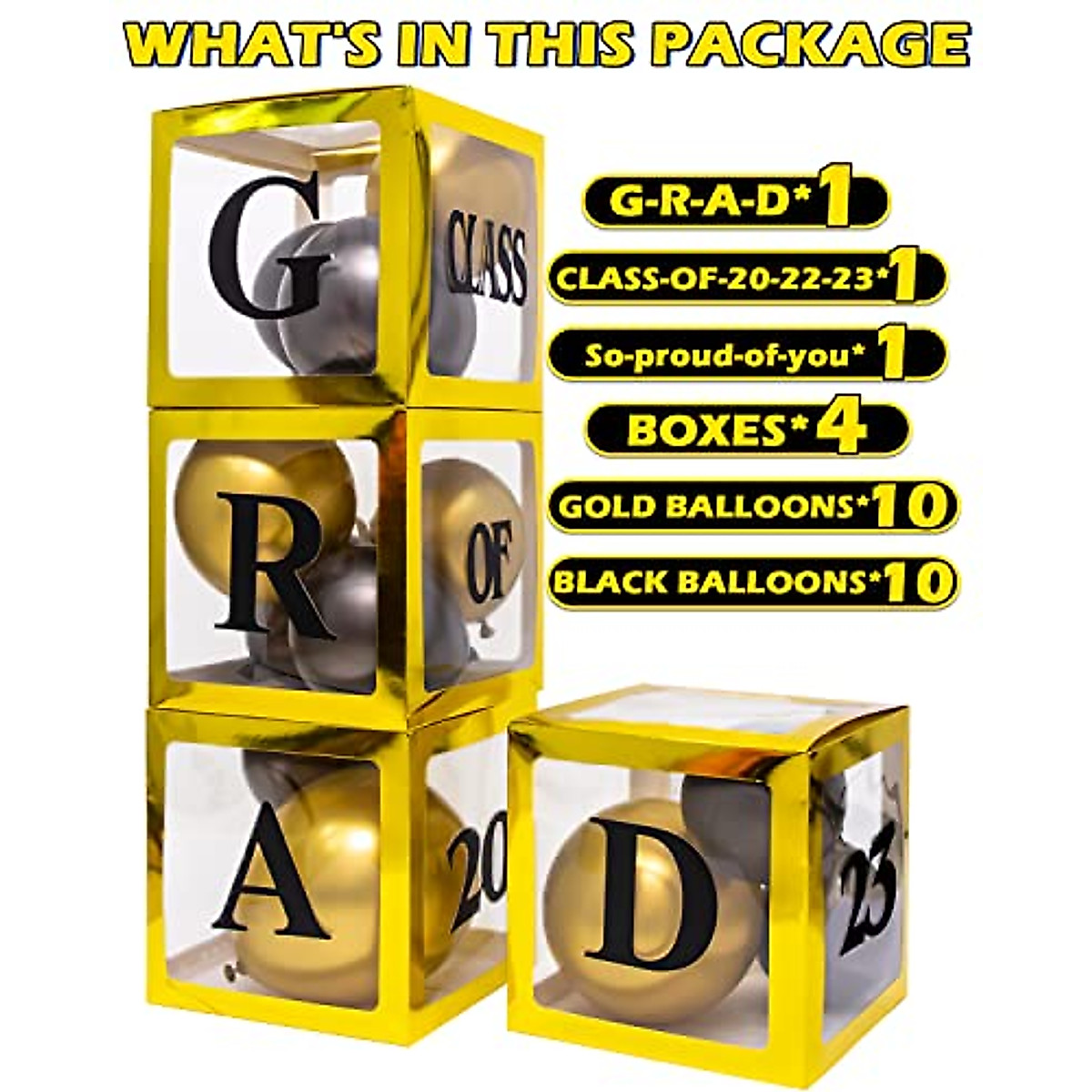 LABEOL Graduation Party Decorations 2023,4 PCS Gold Balloon Boxes with"GRAD""CLASS OF 20 22 23""So proud of you"Letters and 20 PCS Balloons for Graduation Party Decorations Supplies for Class of 2023