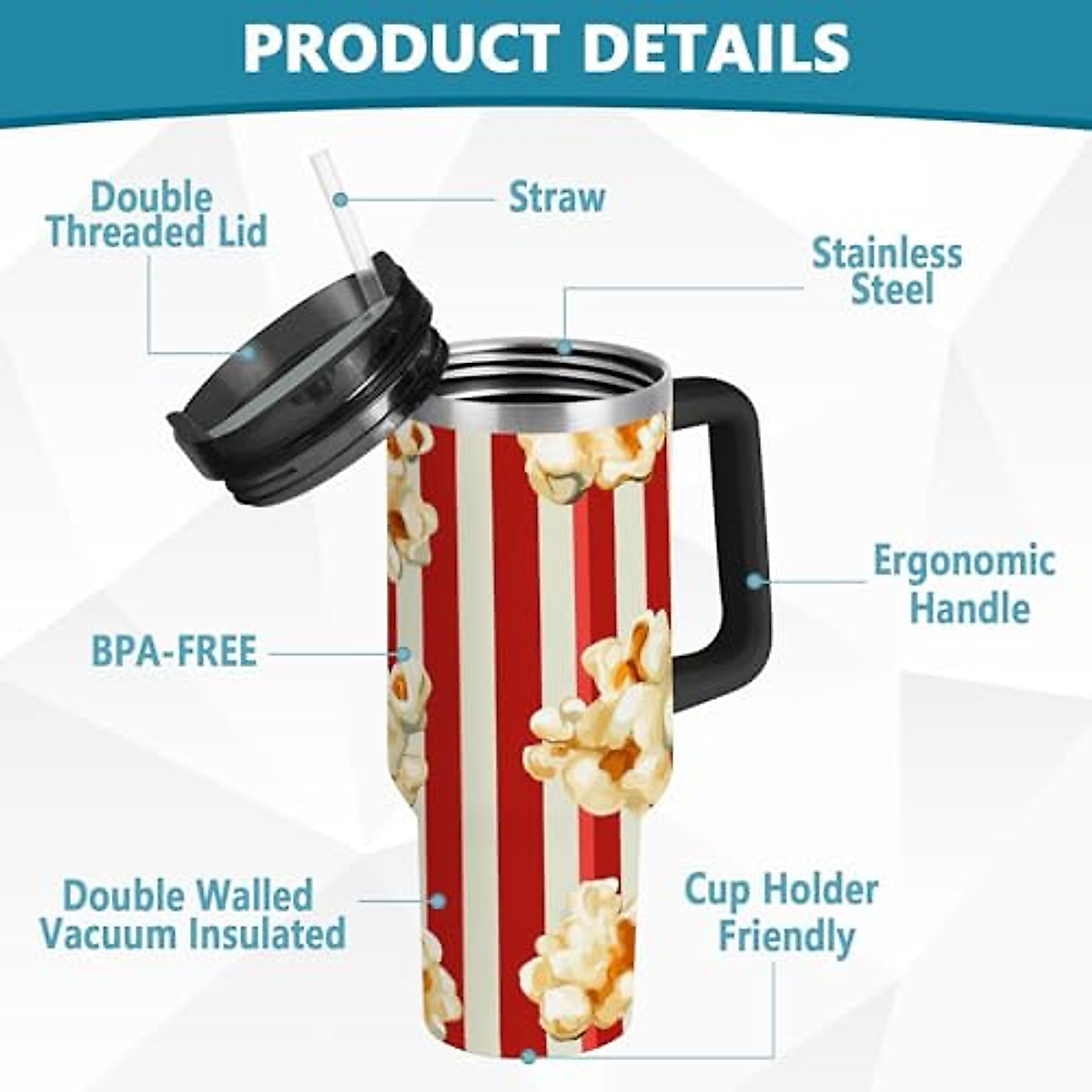 Selerdon 40 oz Tumbler Popcorn Red Striped with Handle and Straw Lid Vacuum Stainless Steel Insulated Water Bottle Travel Mug Car Cup Holder Friendly BPA Free for Gym Travel Office