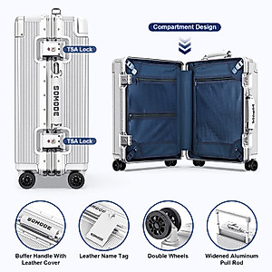 SOMODE LA SERIES Carry On Luggage 20inch Wide Handle Suitcase, Hardshell with Aluminum Frame, Supper-low noise Spinner Wheels & TSA Lock, Business Travel Carry-On Luggage (002-WHITE)