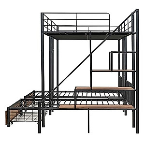 ATY L-Shaped Triple Bunk Beds with 2 Drawers, Full Over Twin & Twin Bunkbeds w/Storage Staircase, Metal Bedframe for 3 People, Save Space, Bedroom & Dorm Supplies, No Spring Required Needed, Black