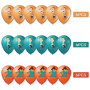Birthday Party Decoration for Phineas Ferb, Include Cartoon Theme Birthday Banner, Cake Topper, Latex Balloons, Hanging Swirls, for Kids Birthday Party Supplies