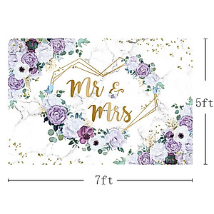 AIBIIN 7x5ft Mr and Mrs Violet Wedding Backdrop for Bridal Shower Purple and White Flowers Photography Background Hearts Geometric Couple Wedding Party Decorations Bride to Be Engagement Banner Props