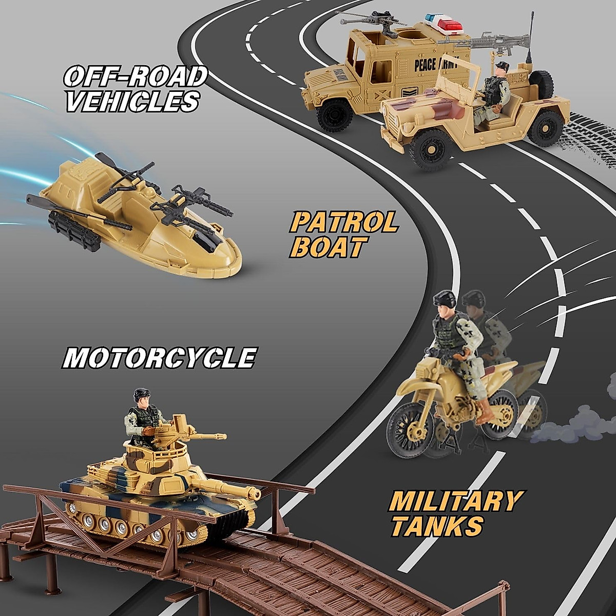 Liberty Imports 42 PCS Military Base Toy Combat Zone Playset - Battle Site with Tanks, Boat, Motorcycle, Trucks, Army Men Soldier Action Figures, Weapons, and Accessories for Kids