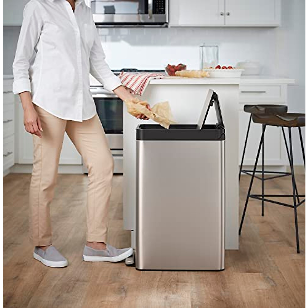 KOHLER 23826-ST 13 Gallon Elongated Hands-Free Step Can, Trash Can with Soft-Close and Foot Pedal, Quiet Close Lid, Stainless Steel