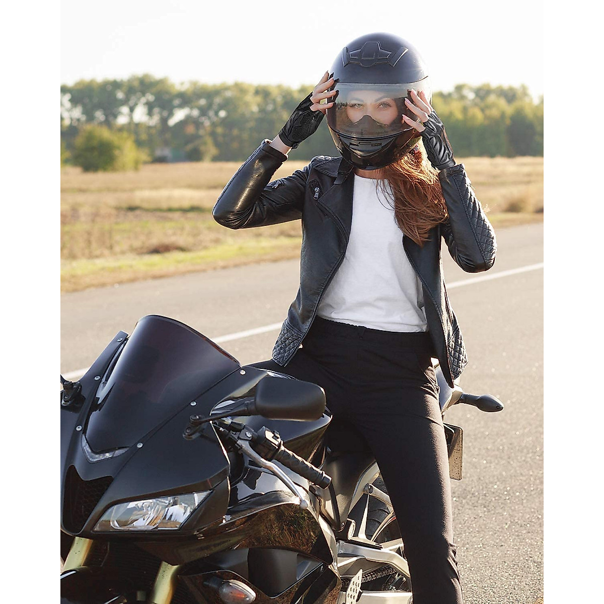 KEMIMOTO Fingerless Driving Gloves PU Faux Leather Outdoor Sport Half Finger Glove for Men Women Teens, Black, Medium