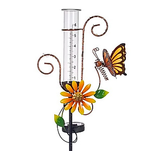 HOBYLUBY Rain Gauge Outdoor, Solar Rain Gauge with 6" Capacity Glass Butterfly for Garden, Lawn, Yard Decor