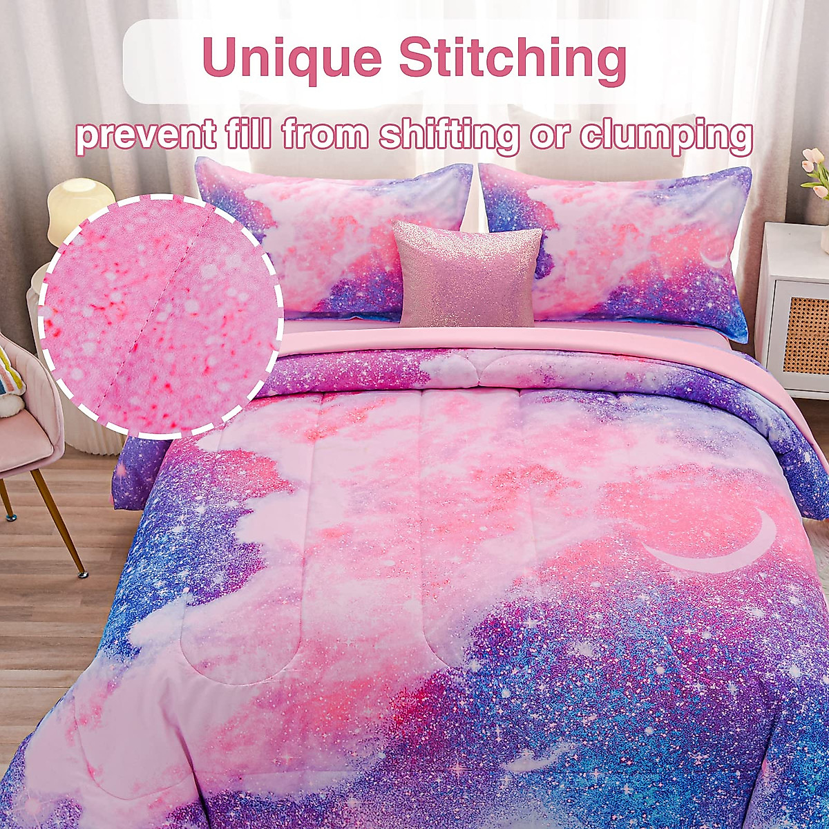 A Nice Night Galaxy Bedding Sets Outer Space Comforter 3D Printed Space Quilt Set Twin 6Pcs Glitter Pink,for Children Boy Girl Teen Kids