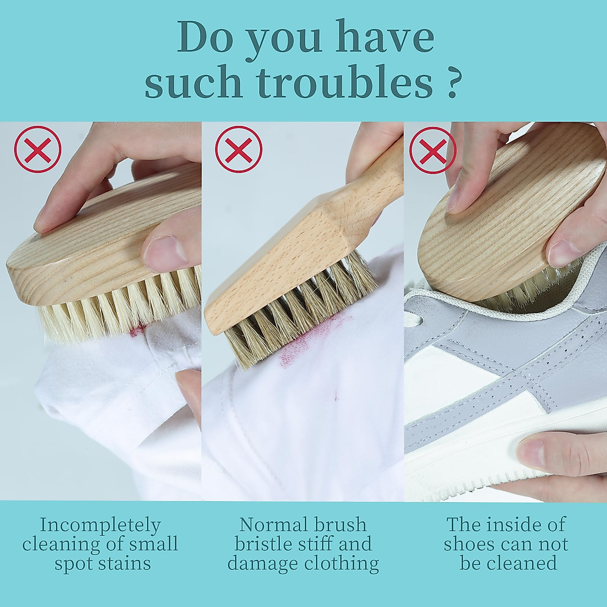 BFWood Laundry Stain Brush, Natural Soft Boar Bristles, Removes Tough Stains from Delicate Fabrics Like Knits, Cotton, and Linens, Gentle on Fabrics, No Damage