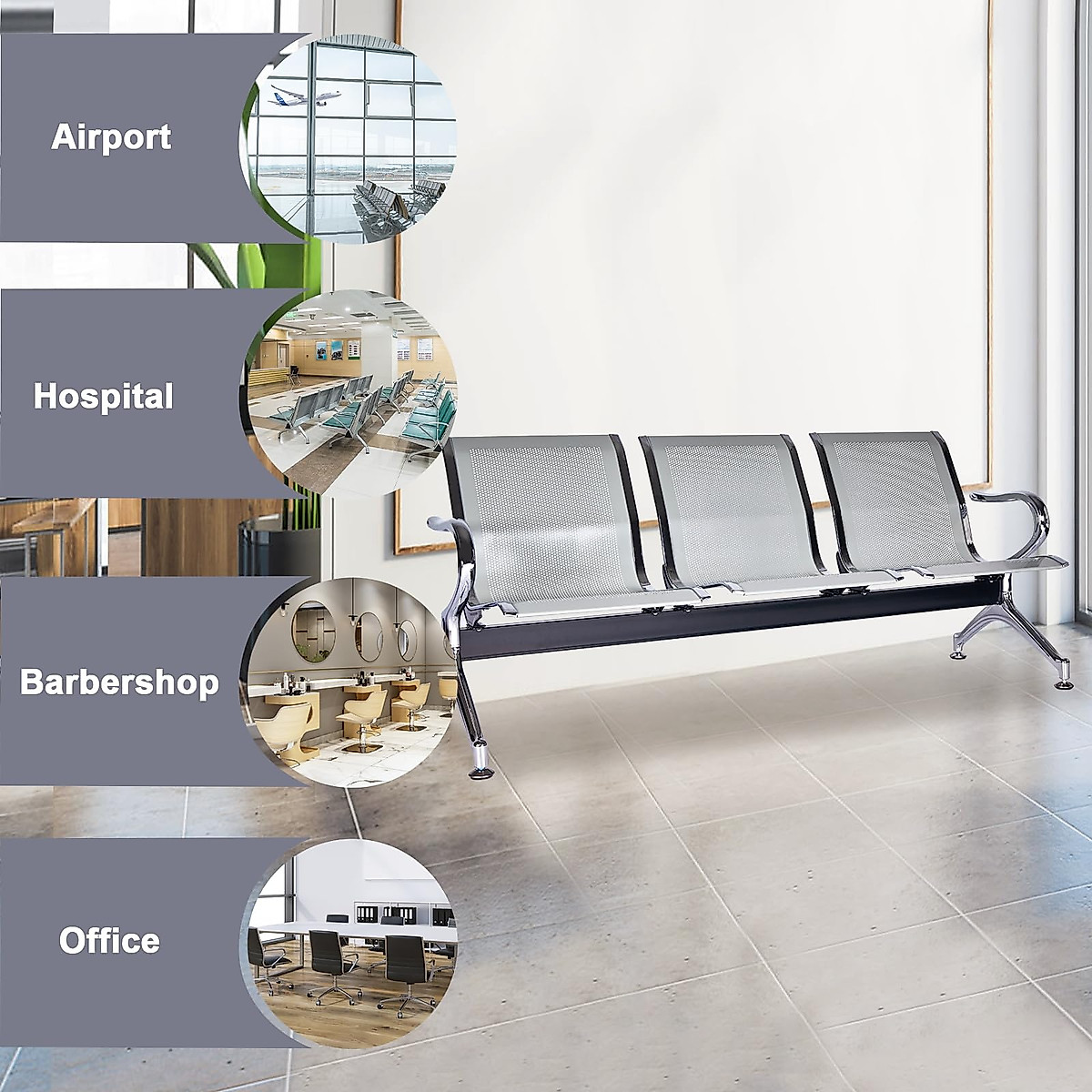 kinbor Waiting Room Chairs - Silver Reception Chairs, Waiting Room Bench for Clinic, 3 Seat Office Guest Chairs, Lobby Furniture for Hospital, Salon, Bank, Airport
