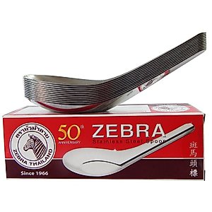 Zebra Thai Chinese Asian Stainless Steel Rice Soup Spoon (12 Pack), Silver