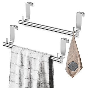 VEHHE Kitchen Towel Holder 2-Piece, 2 Hooks, EVA Foam Protective Mats, 9-Inch Stainless Steel Over The Door Towel Rack (Silver)
