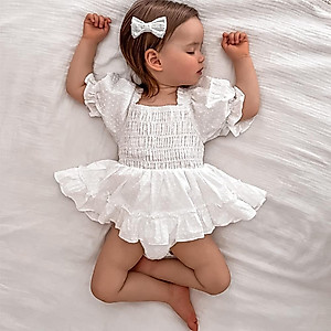 MERSARIPHY Infant Baby Girl Romper Dress Pleated Chiffon Summer Clothes Baby Romper with Headband (White, 0-6 Months)