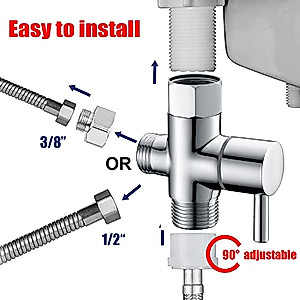 Brass Bidet T Adapter with Toilet Connector Line, Bidet Adapter Valve with Shut Off Valve, Connect to 1/2 or 3/8 Bidet Hose, 7/8" Toilet Tee Adapter for Handheld Bidet Attachment,Chrome,SonTiy